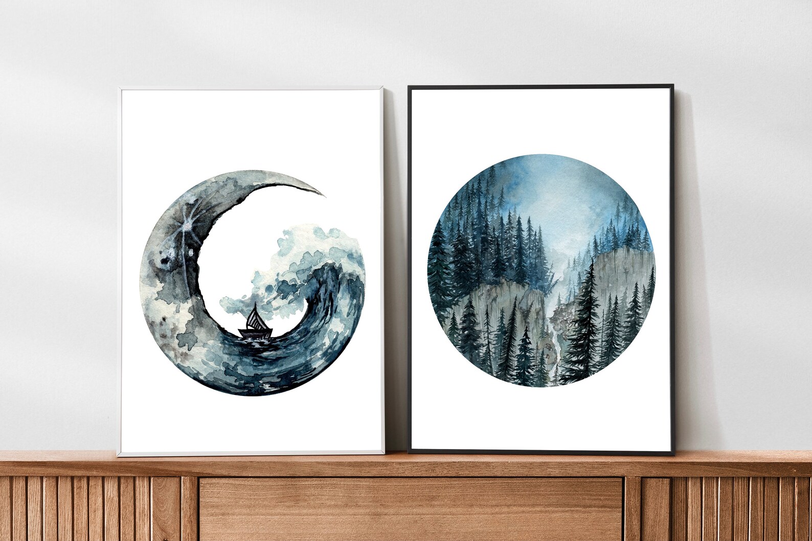 Watercolor Moon and Wave Painting Art Print Nautical Ocean - Etsy