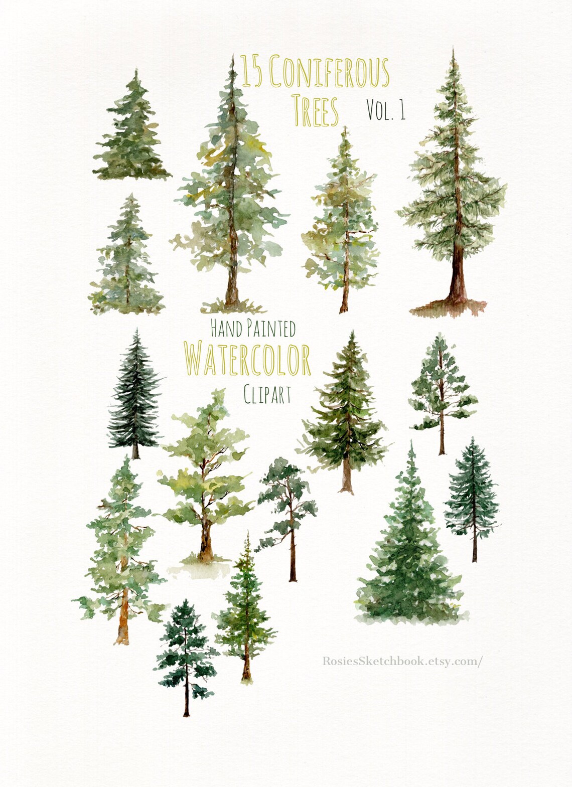 Watercolor Pine Tree Clipart: Hand-painted Forest Art (digital Download ...