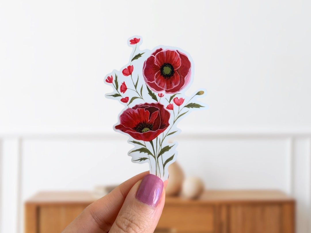 Red Poppy Floral Vinyl Sticker: Glossy Botanical Decal - Etsy