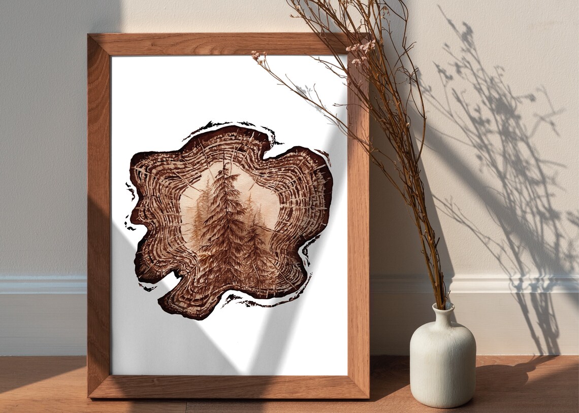 Brown Wood Slice Tree Lino-cut Painting Tree Slice Art | Etsy