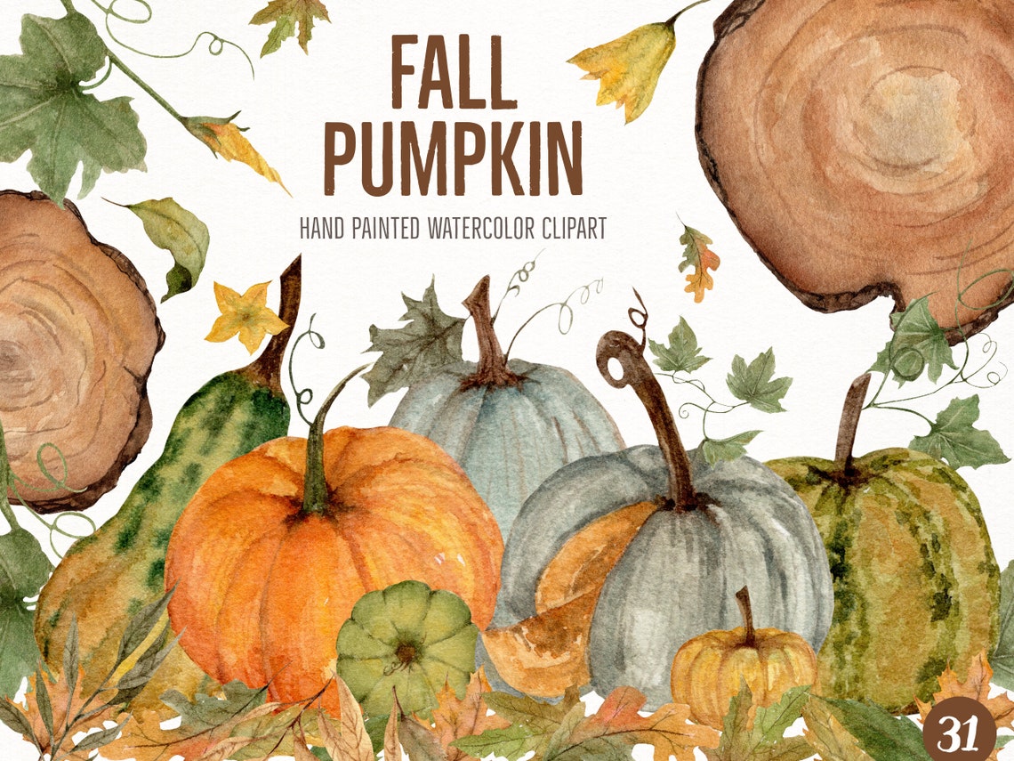 Fall Watercolor Pumpkin Clipart Rustic Farm Autumn Clip Art - Etsy