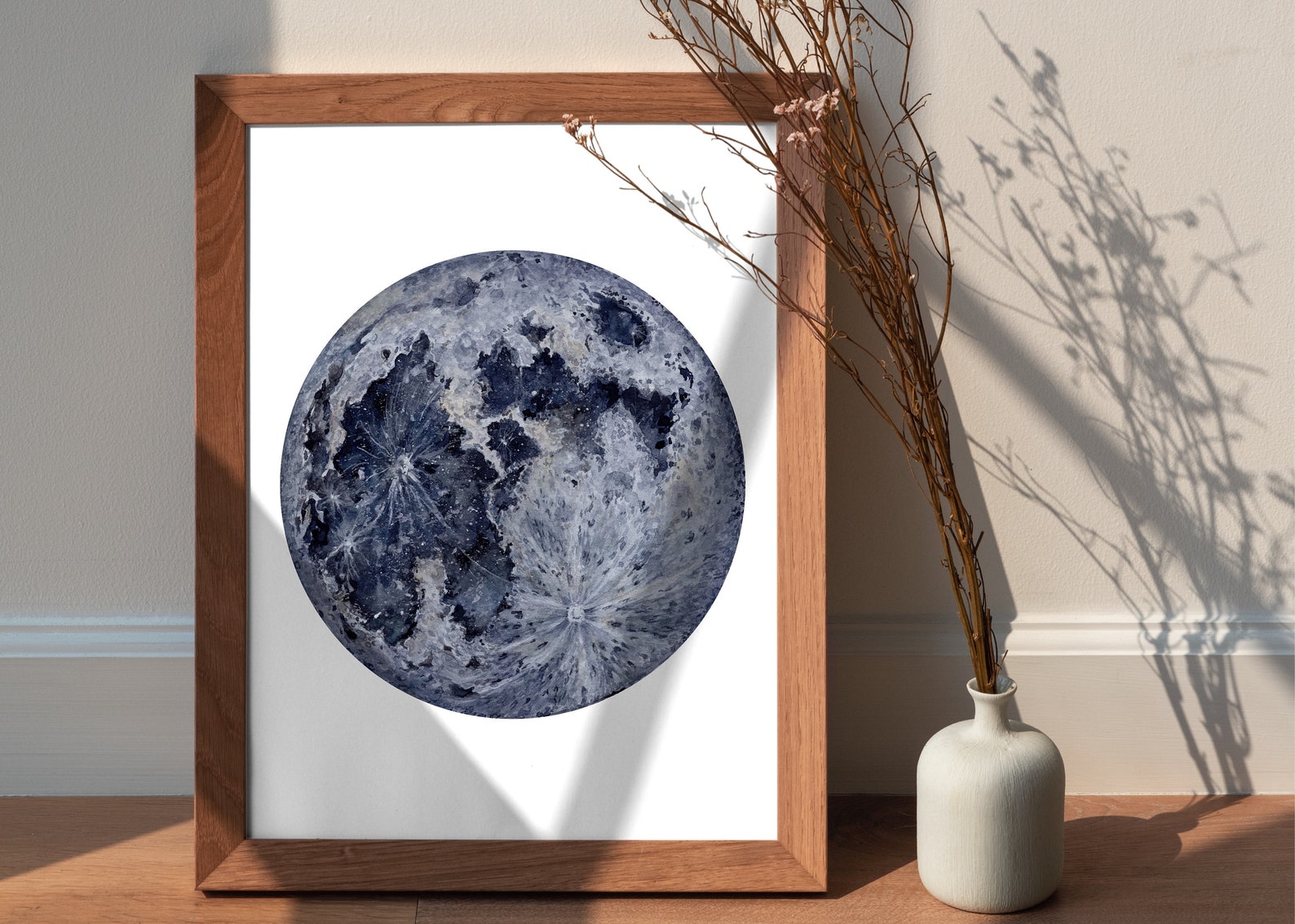 Watercolor Indigo Full Moon Painting Art Print Moon Illustration Poster ...