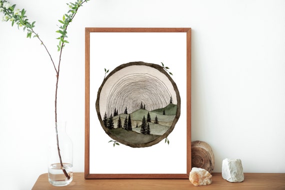 Circle Wood Slice Watercolor Painting Art Print Tree Ring - Etsy