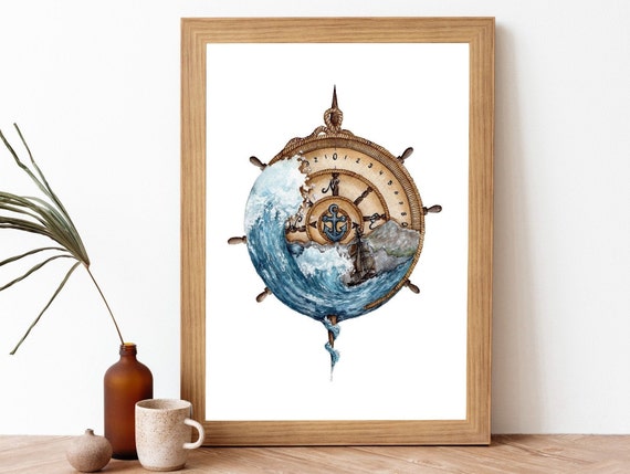 Watercolor Compass Painting Art Print Nautical Wall Art | Etsy