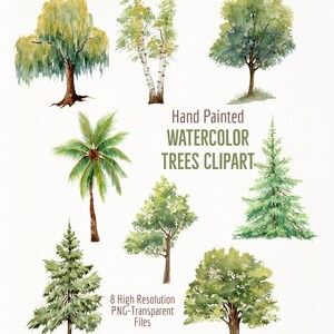 Watercolor Tree Clipart: Hand-painted Greenery Graphics (digital ...