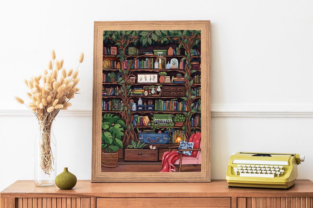 Bookshelf Reading Room Art Print- Whimsical Bookish Poster- Gift for ...