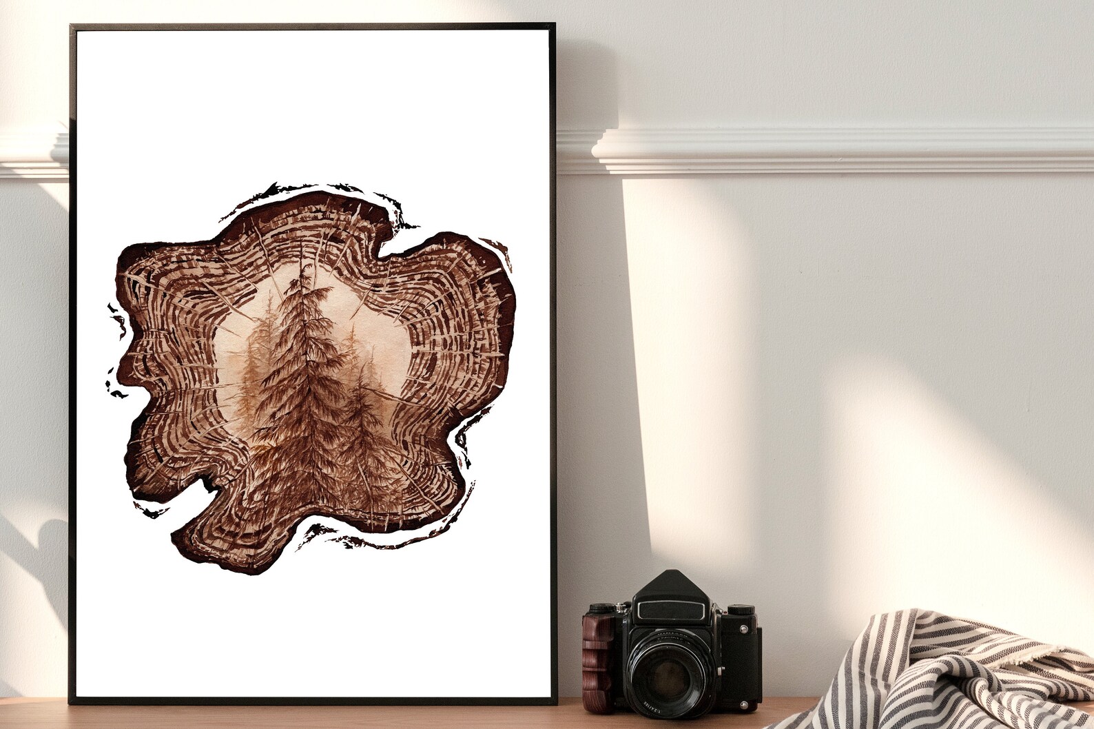 Brown Wood Slice Tree Lino-cut Painting Tree Slice Art | Etsy