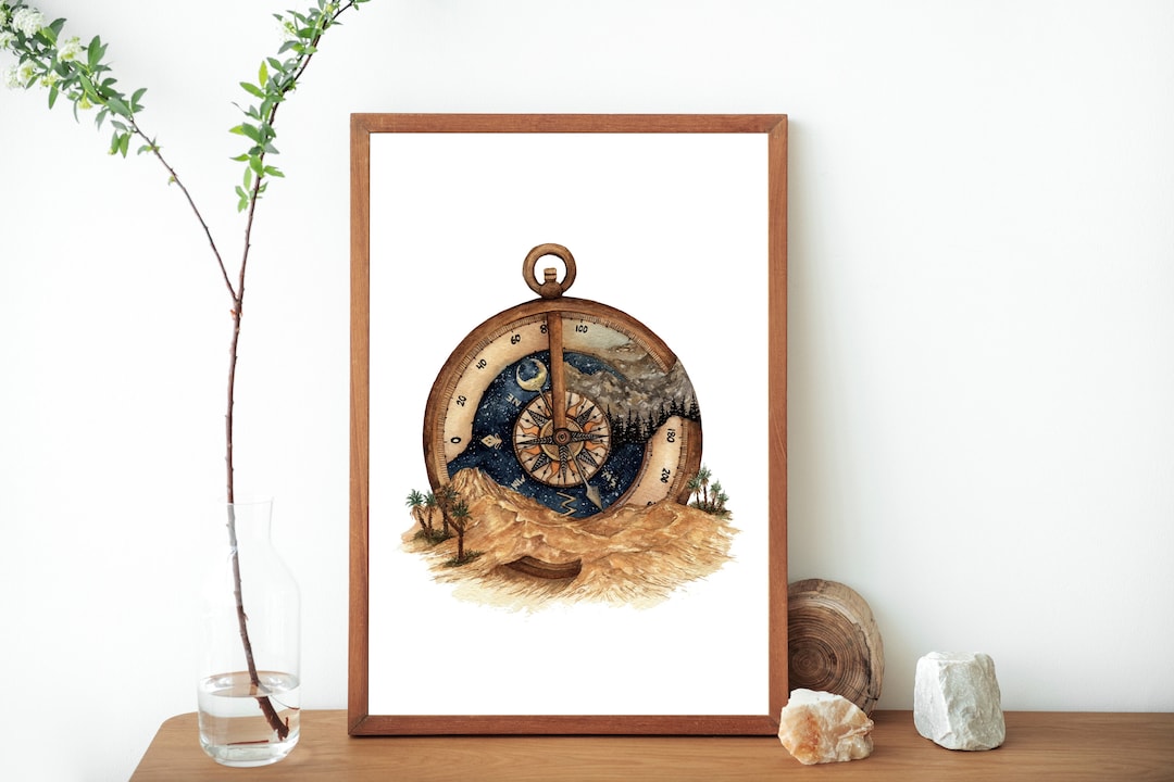 Desert Compass Watercolor Painting Art Print- Vibrant Sand Dunes Night ...