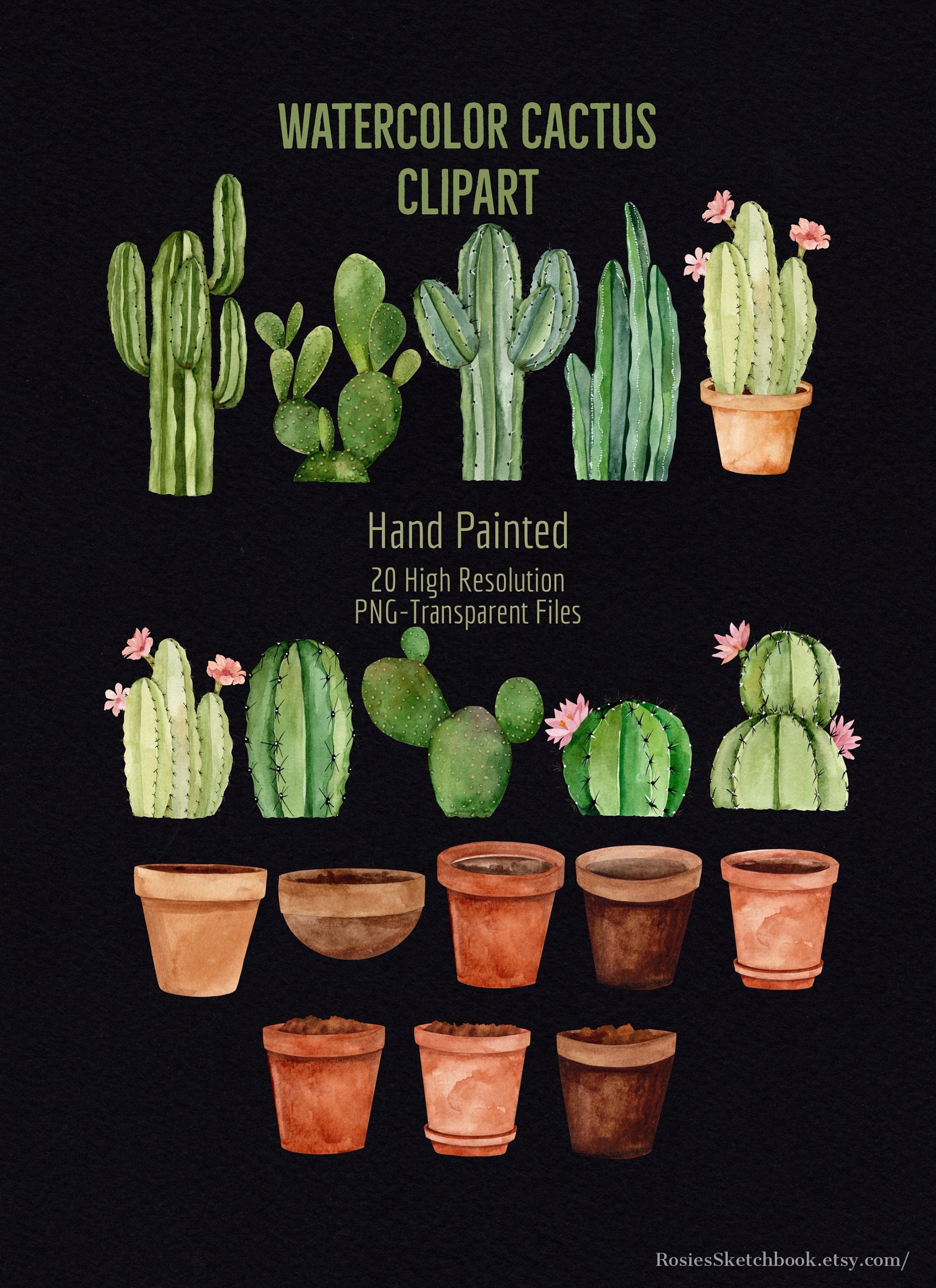 Watercolor Cactus Clipart- Hand Painted Cacti Graphics- Desert Plants ...