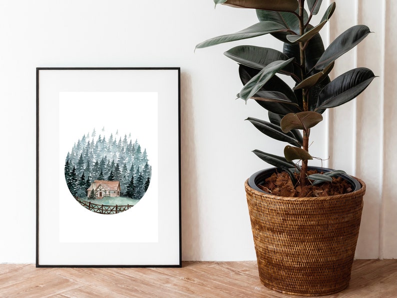 Watercolor Cabin Painting Art Print Camping Art Print Circle | Etsy