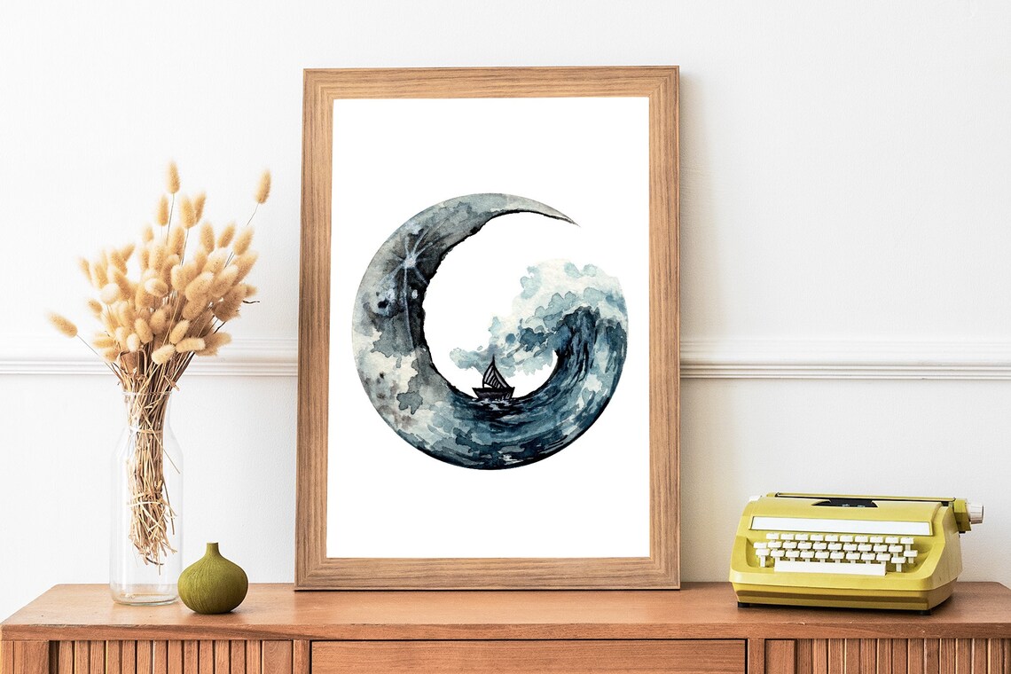 Watercolor Moon and Wave Painting Art Print Nautical Ocean - Etsy