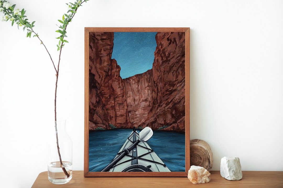 Kayaking Illustration Art Print- Kayak Poster- Outdoors Kayak Painting ...
