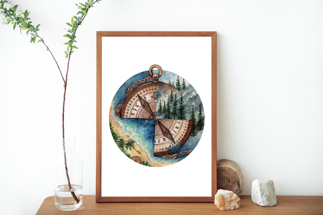 Watercolor Compass Painting Art Print- Travel Poster Compass Wall Art ...