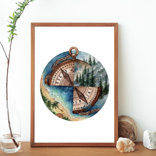 Watercolor Compass Explorer Painting Art Print Original | Etsy