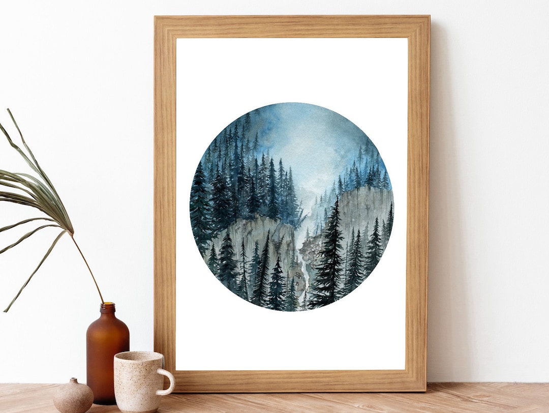 Watercolor Blue Pine Forest Painting Art Print- Circle Pine Trees ...