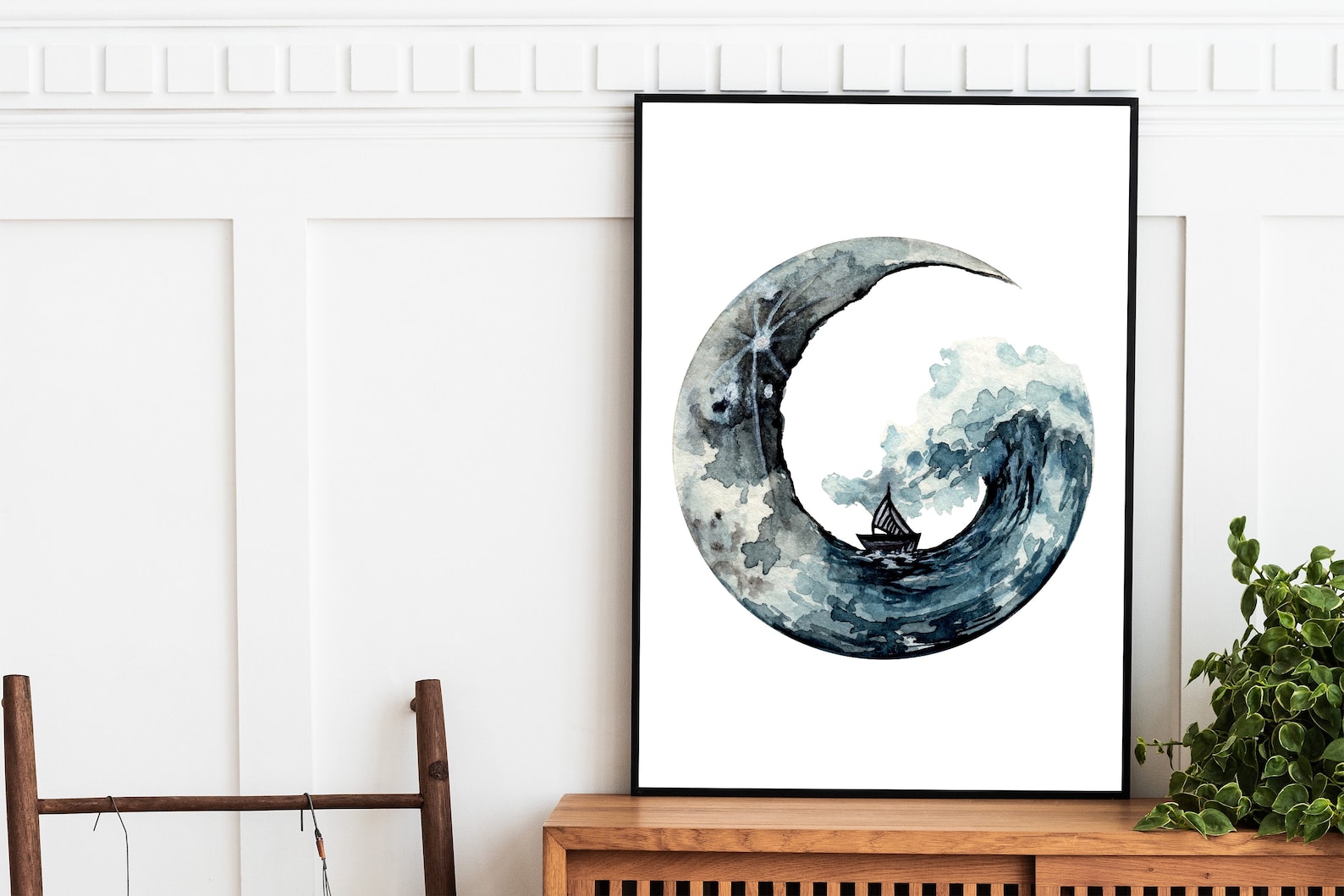 Watercolor Moon and Wave Painting Art Print Nautical Ocean - Etsy