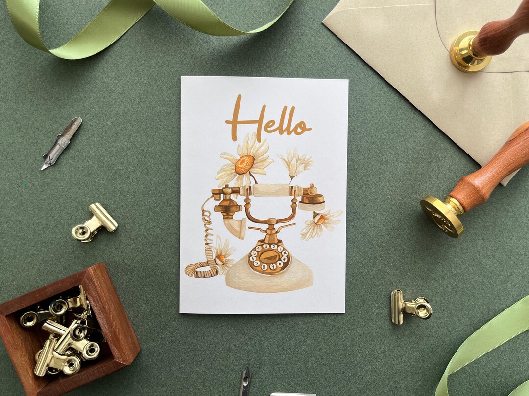 Vintage Rotary Phone Greeting Card: Floral Hello Note Card - Etsy