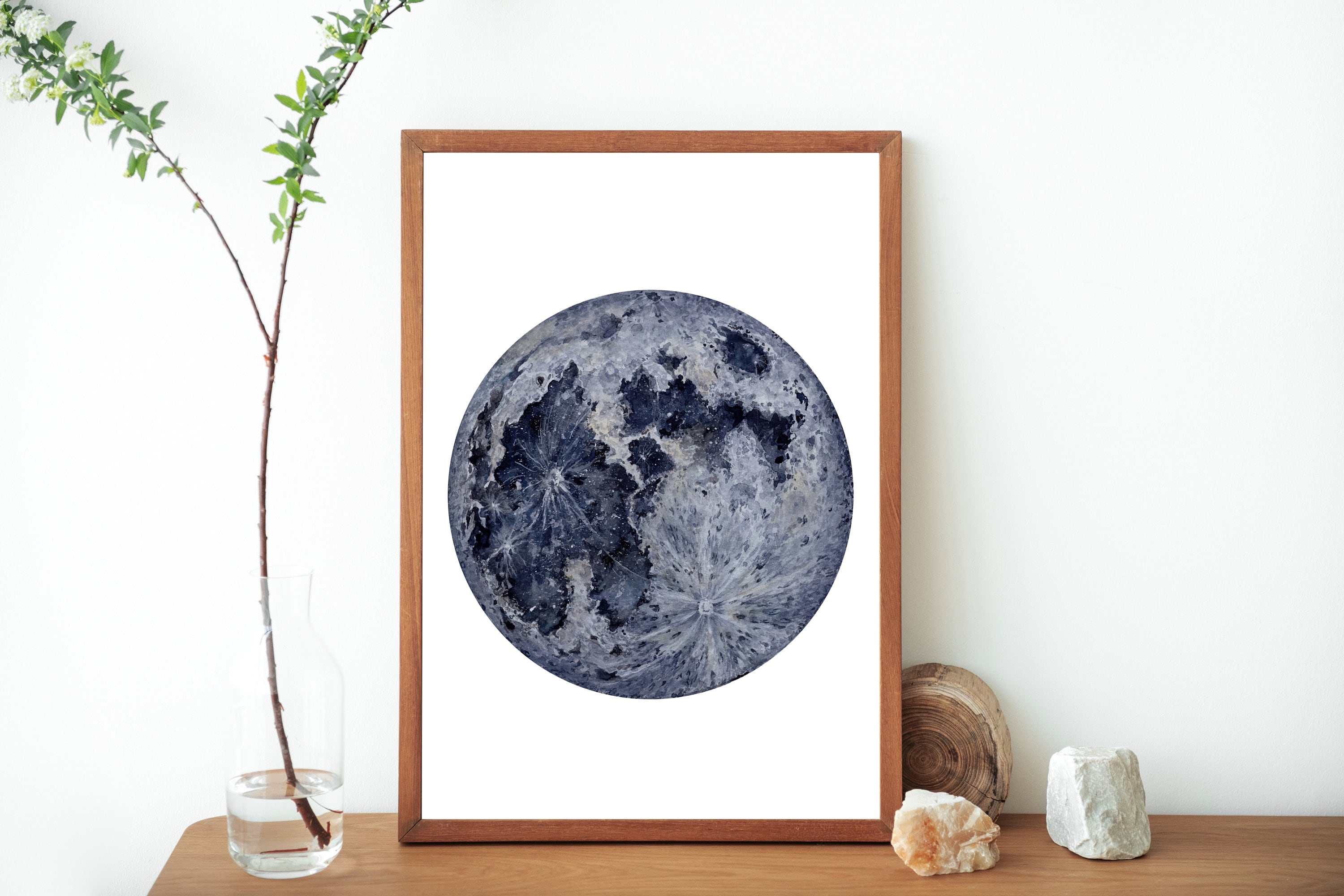 Watercolor Indigo Full Moon Painting Art Print Moon - Etsy