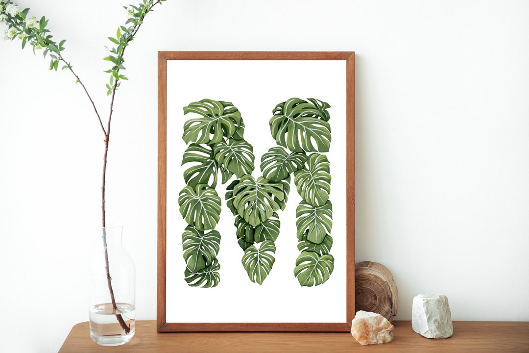 Botanical Letter M Alphabet Print Monstera Deliciosa Painting Letter M ...