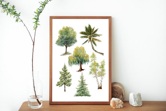 Watercolor Trees Painting Printable Art Tree Guide Print Oak | Etsy