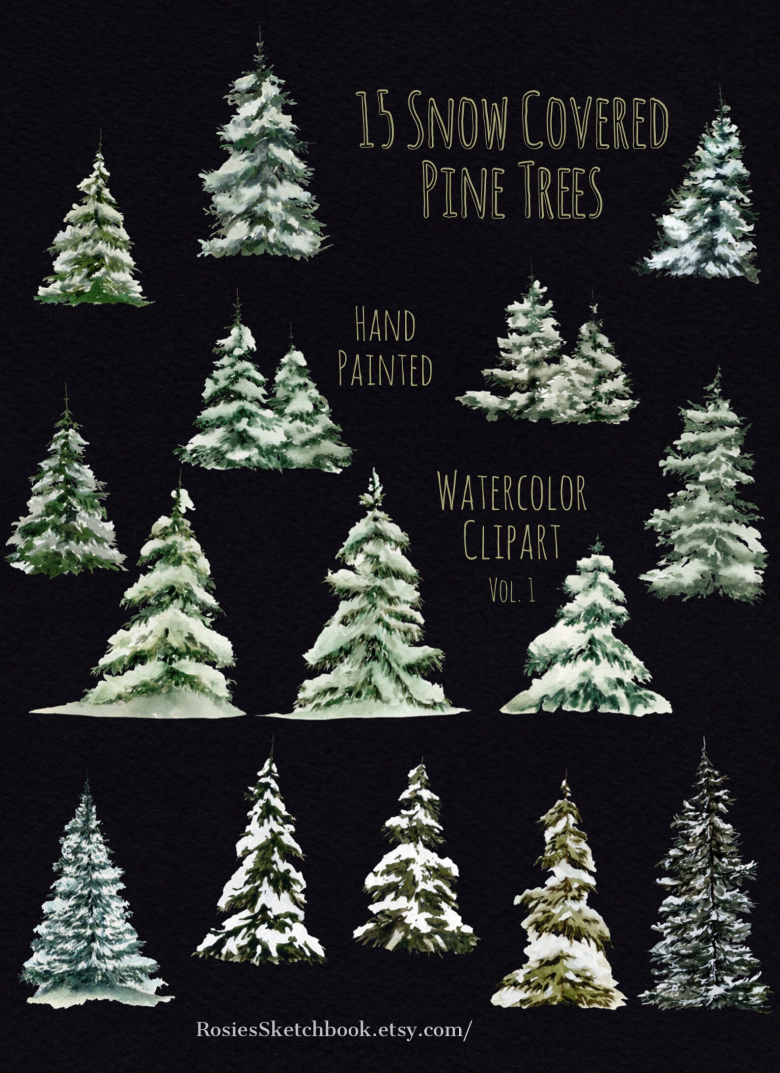 Watercolor Winter Pine Trees Clipart: Snowy Hand-painted Graphics ...