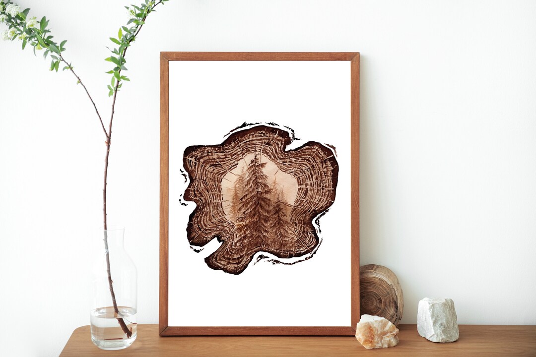 Brown Wood Slice- Tree Lino-cut Painting- Tree Slice Art Print- Tree ...