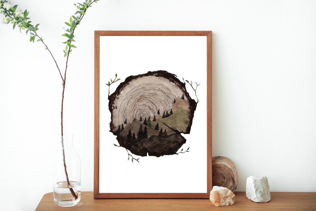 Tree Ring Watercolor Painting Art Print- Wood Slice Poster- Circle ...