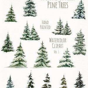 Watercolor Winter Pine Trees Clipart- Hand Painted Snow Covered Trees ...