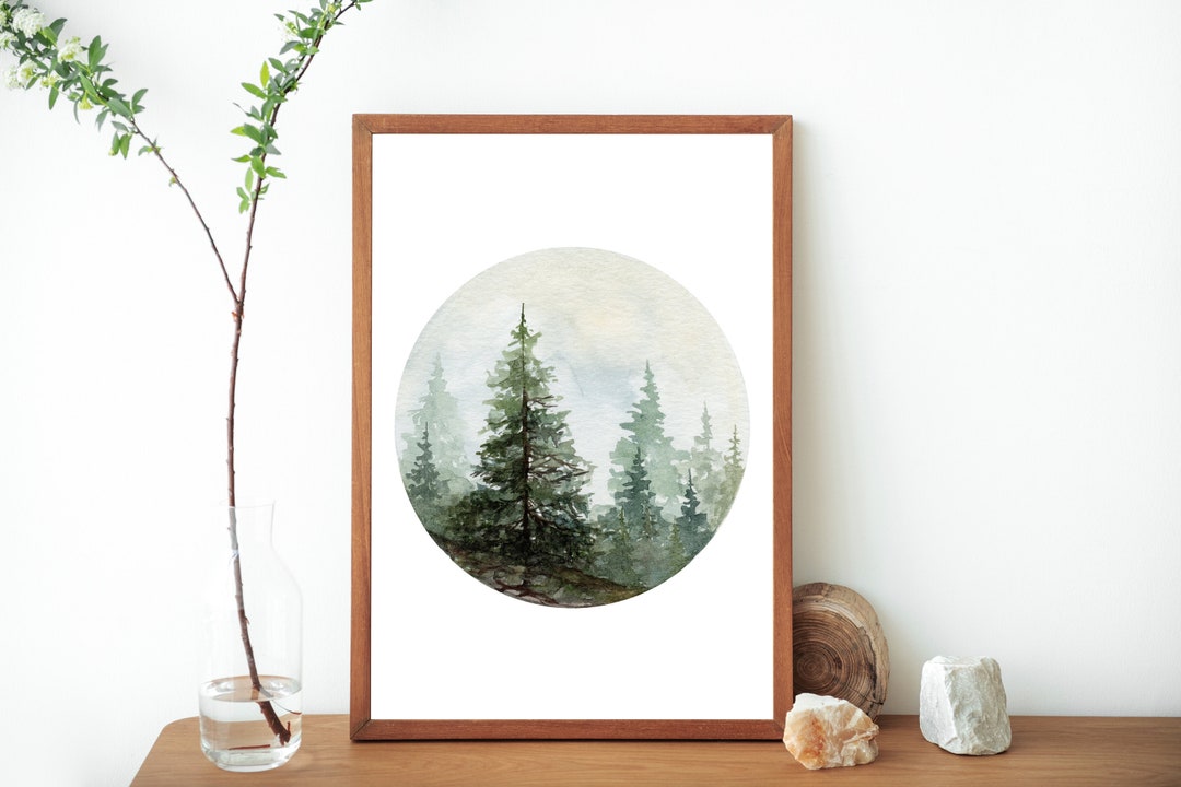 Watercolor Foggy Forest Pine Tree Painting Art Print- Watercolor Green ...