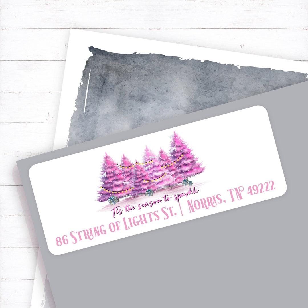 Sparkly Pink Christmas Tree Address Label, Pink Christmas Address ...