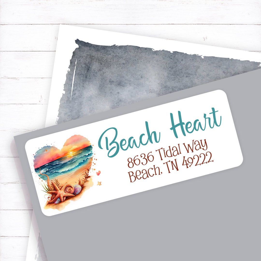 Beach Heart Address Label, Personalized Beach Address Sticker, Beach ...
