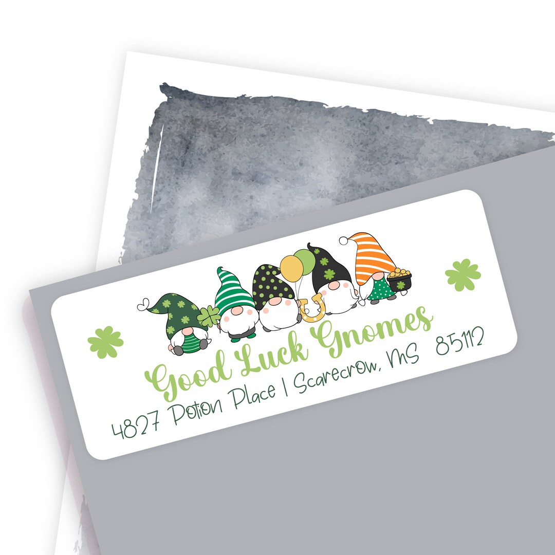 St Patricks Day Gnomes Address Label, Good Luck Gnome Address Sticker ...