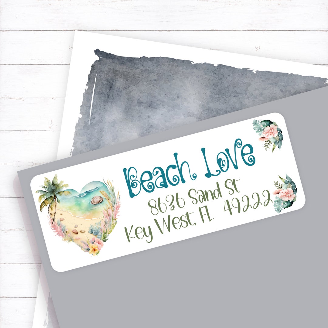 Beach Heart Address Label, Personalized Beach Address Sticker, Beach ...