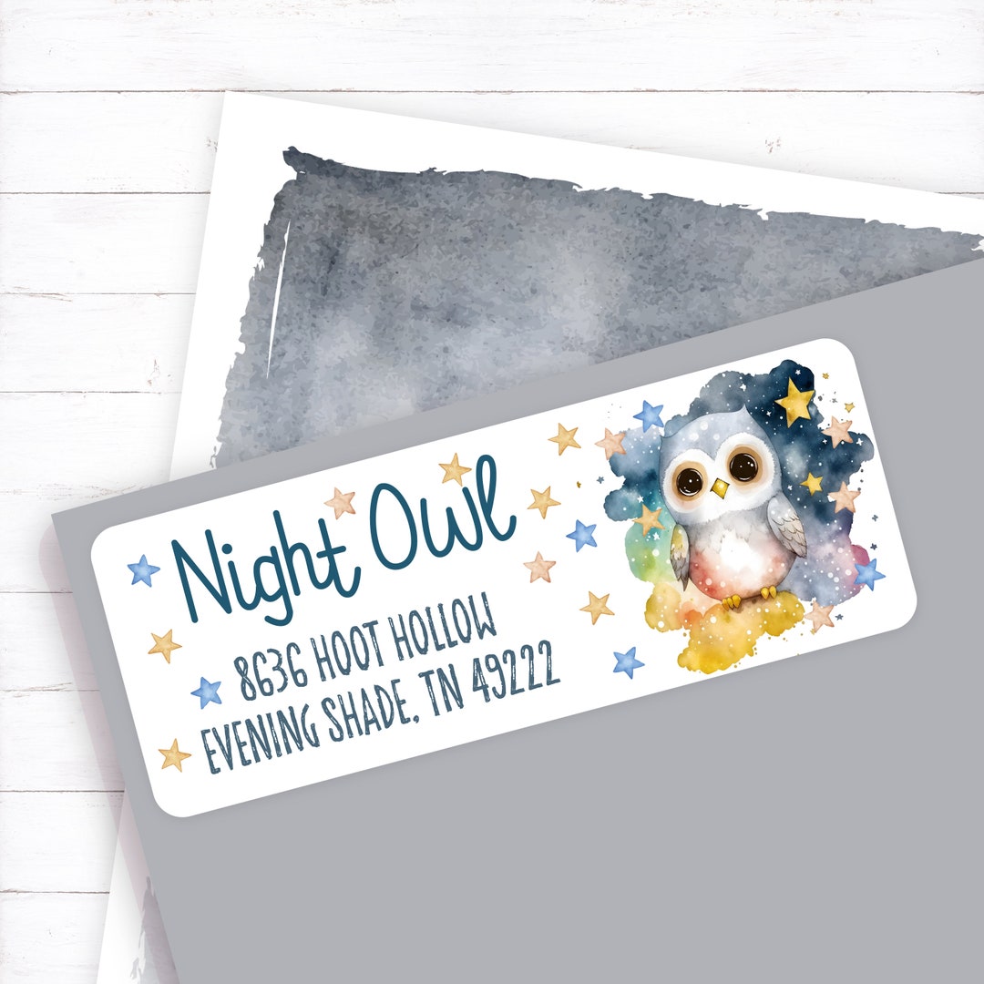 Night Owl Address Label, Owl Shower Address Sticker, Baby Owl Mailing ...