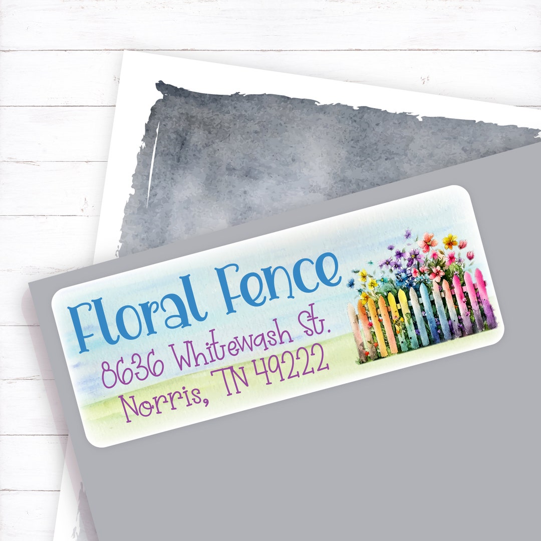 Floral Rainbow Fence Address Label, Spring Floral Fence Address Sticker ...