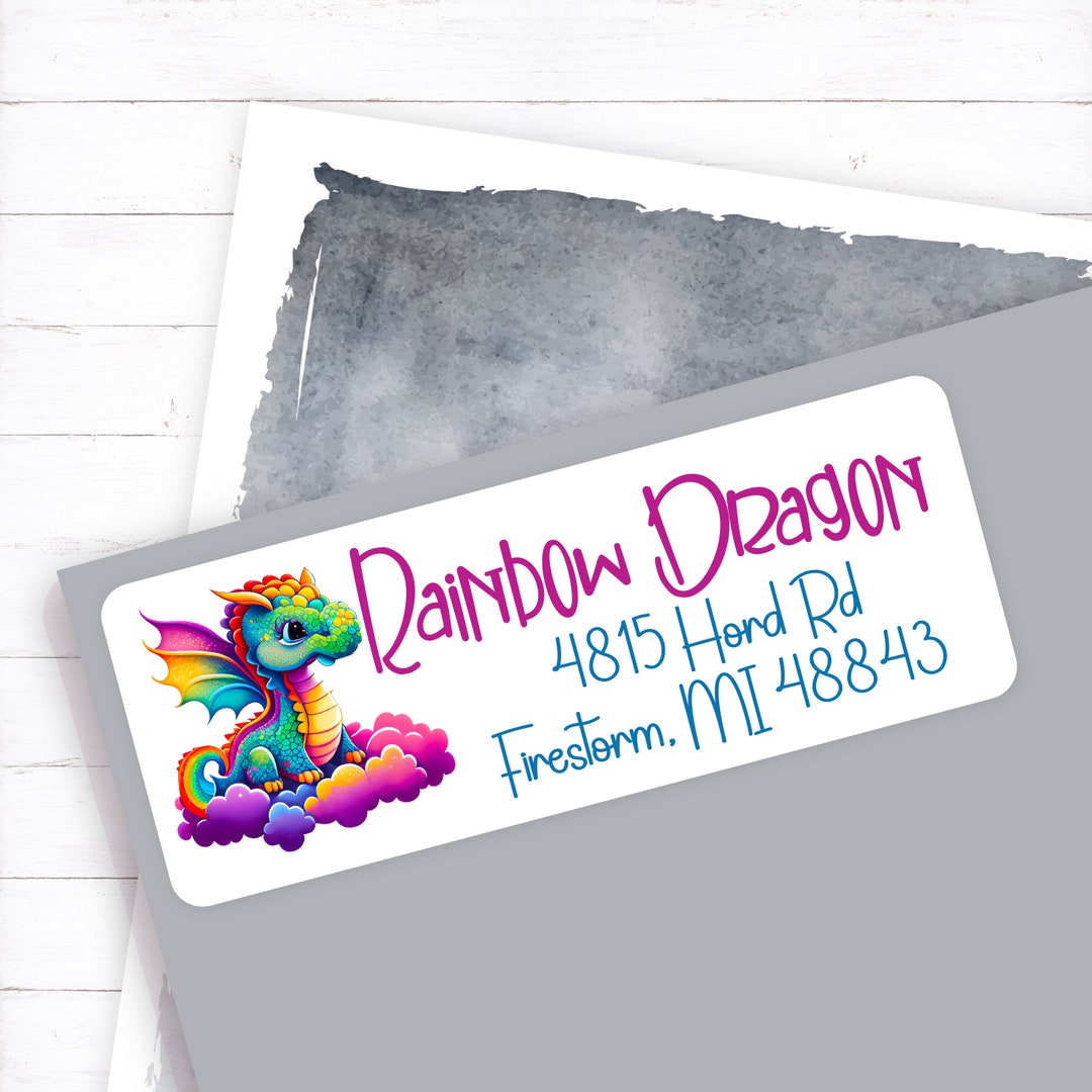 Rainbow Dragon Address Label, Cute Dragon Address Label, Baby Dragon ...