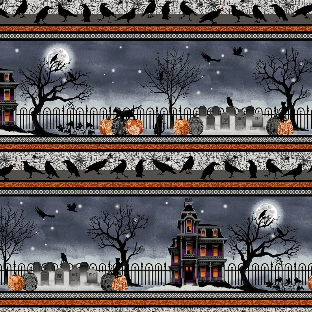 Studio E Spooky Night Halloween Border Fabric per 0.5m Cats Pumpkins ...