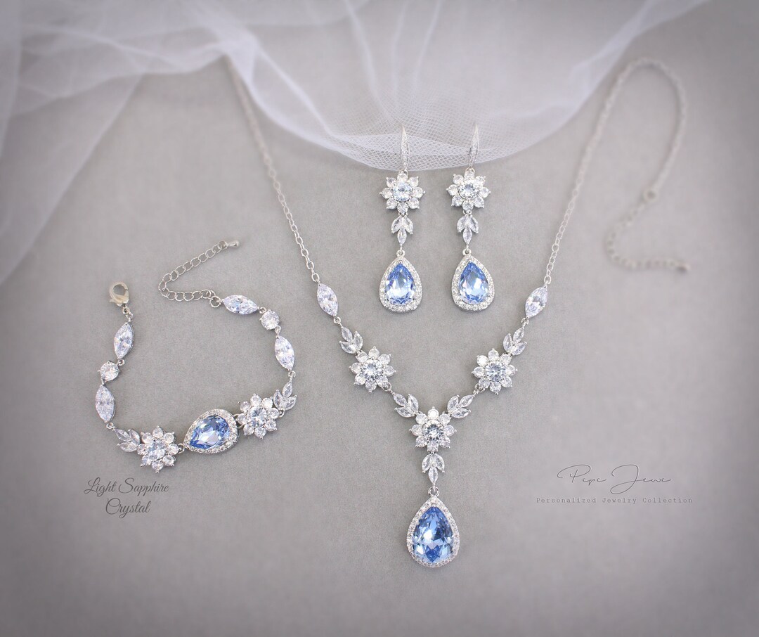 Sapphire Blue Bridal Necklace Wedding Jewelry Set Leaves Something Blue ...
