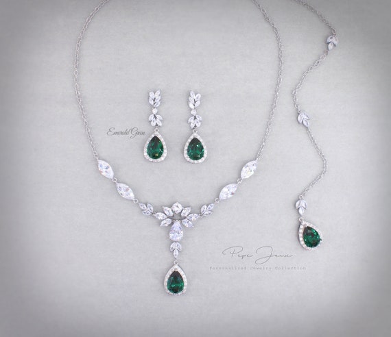 Wedding Necklace Set Swarovski Light Turquoise Crystal Zirconia Backdrop Necklace Set Emerald Green Bridal Jewelry Bridal Necklace Set Adi Etsy