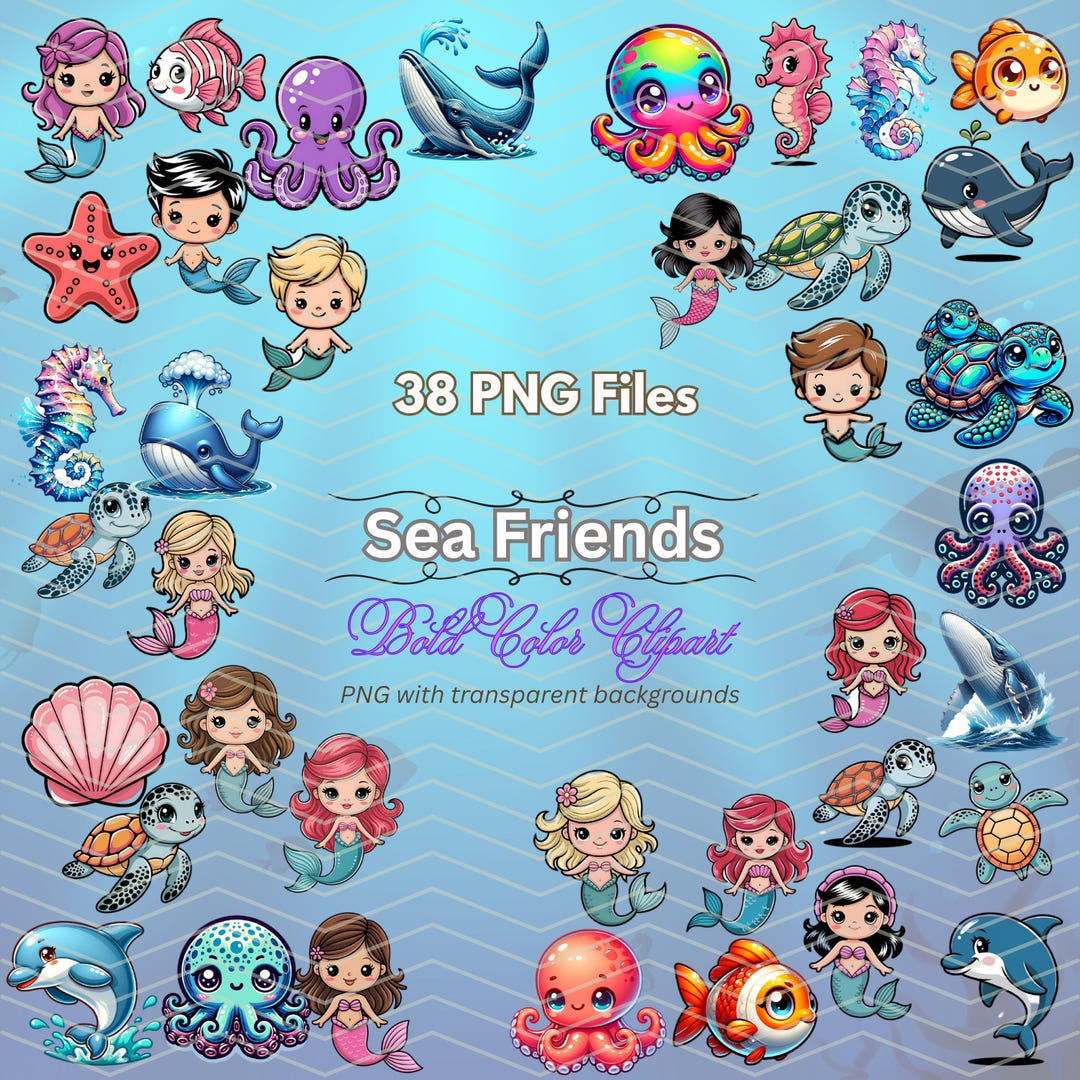 Cute Sea Friends Clipart, PNG, 38 LARGE BUNDLE Pack, Mermaids, Sea Life ...