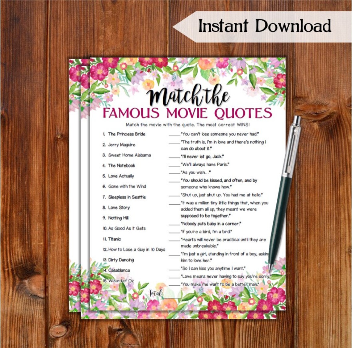 Famous Movie Quotes Match Game Bridal Shower Game / Flowers | Etsy