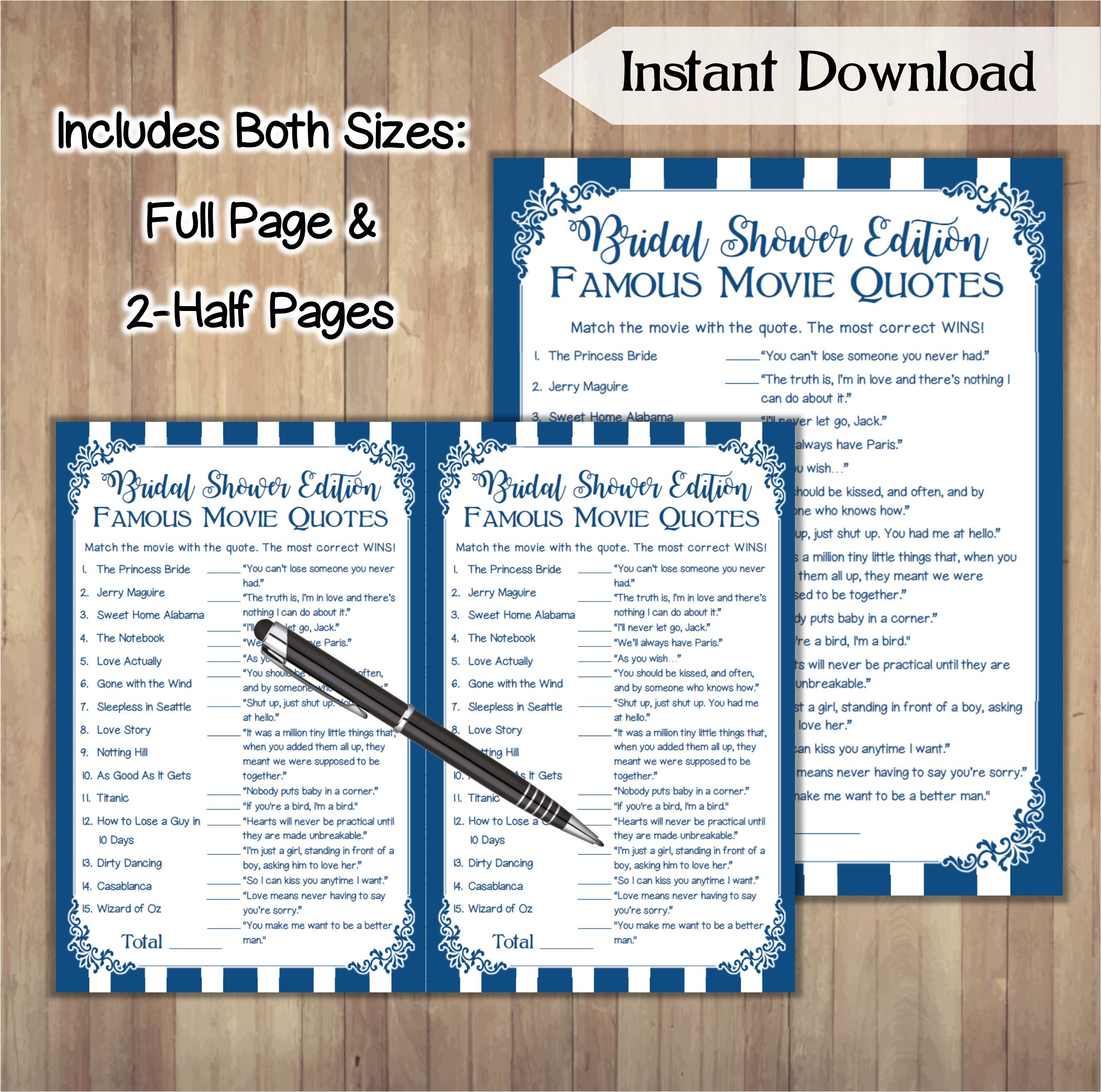 Famous Movie Quotes Match Game Bridal Shower Game Classic - Etsy