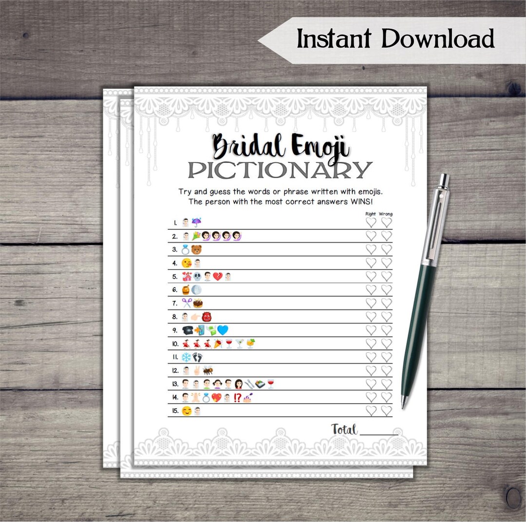 Bridal Shower Game Emoji Pictionary / White Lace / Instant Printable ...