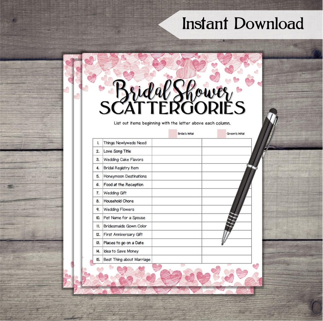 Scattergories Bridal Shower Game / Hearts Printable Wedding Shower Game ...