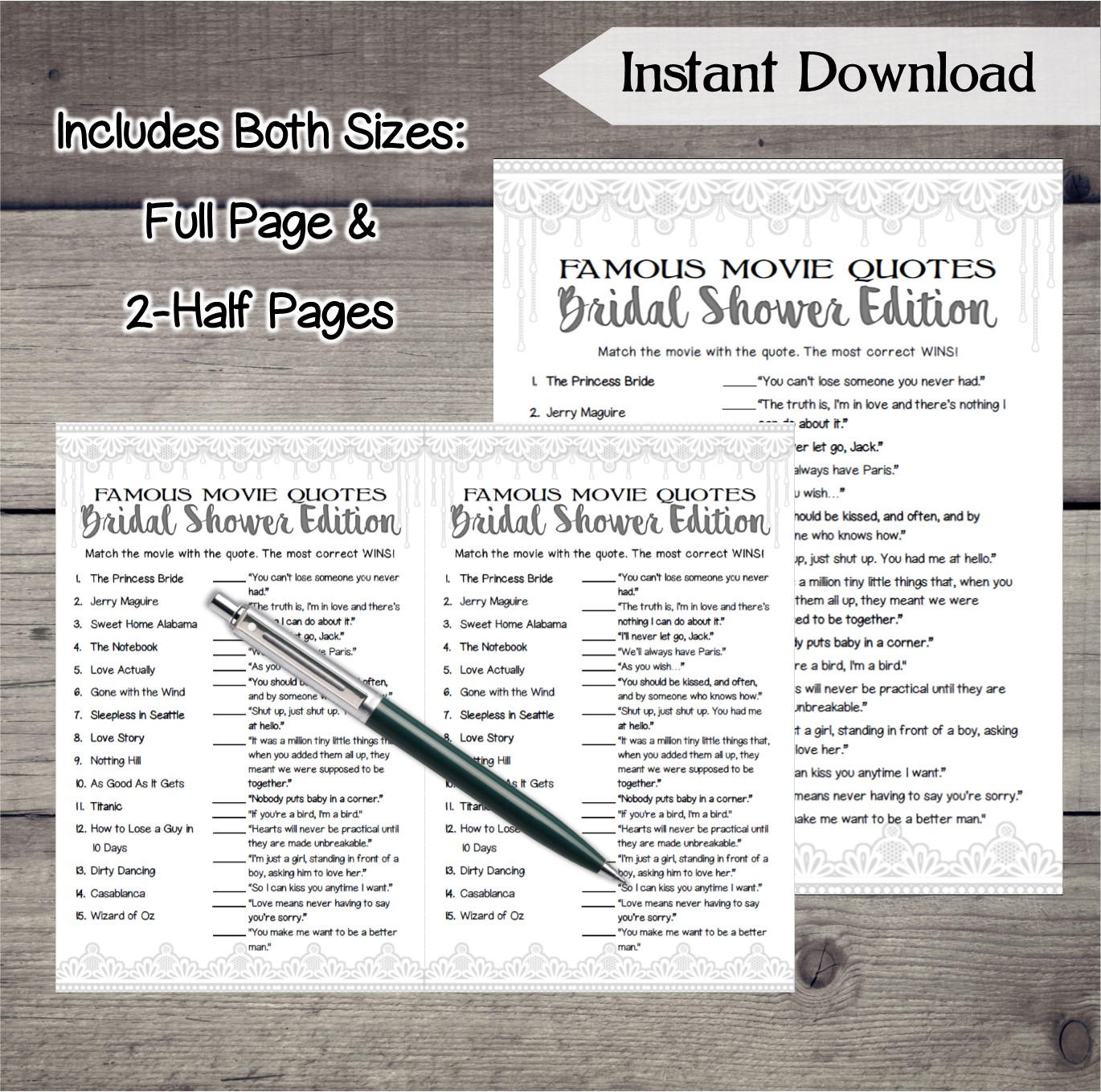 Famous Movie Quotes Match Game Bridal Shower Game / White Lace | Etsy