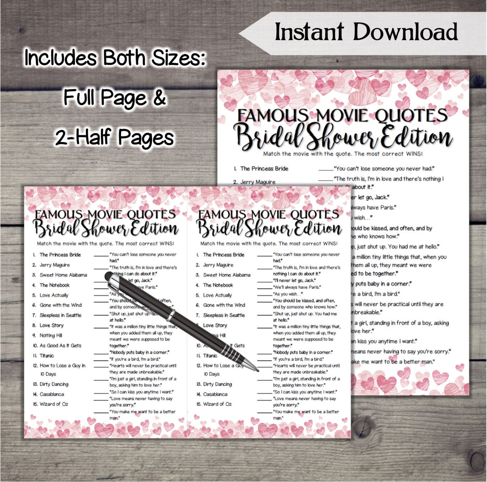 Famous Movie Quotes Match Game / Hearts Bridal Shower / | Etsy