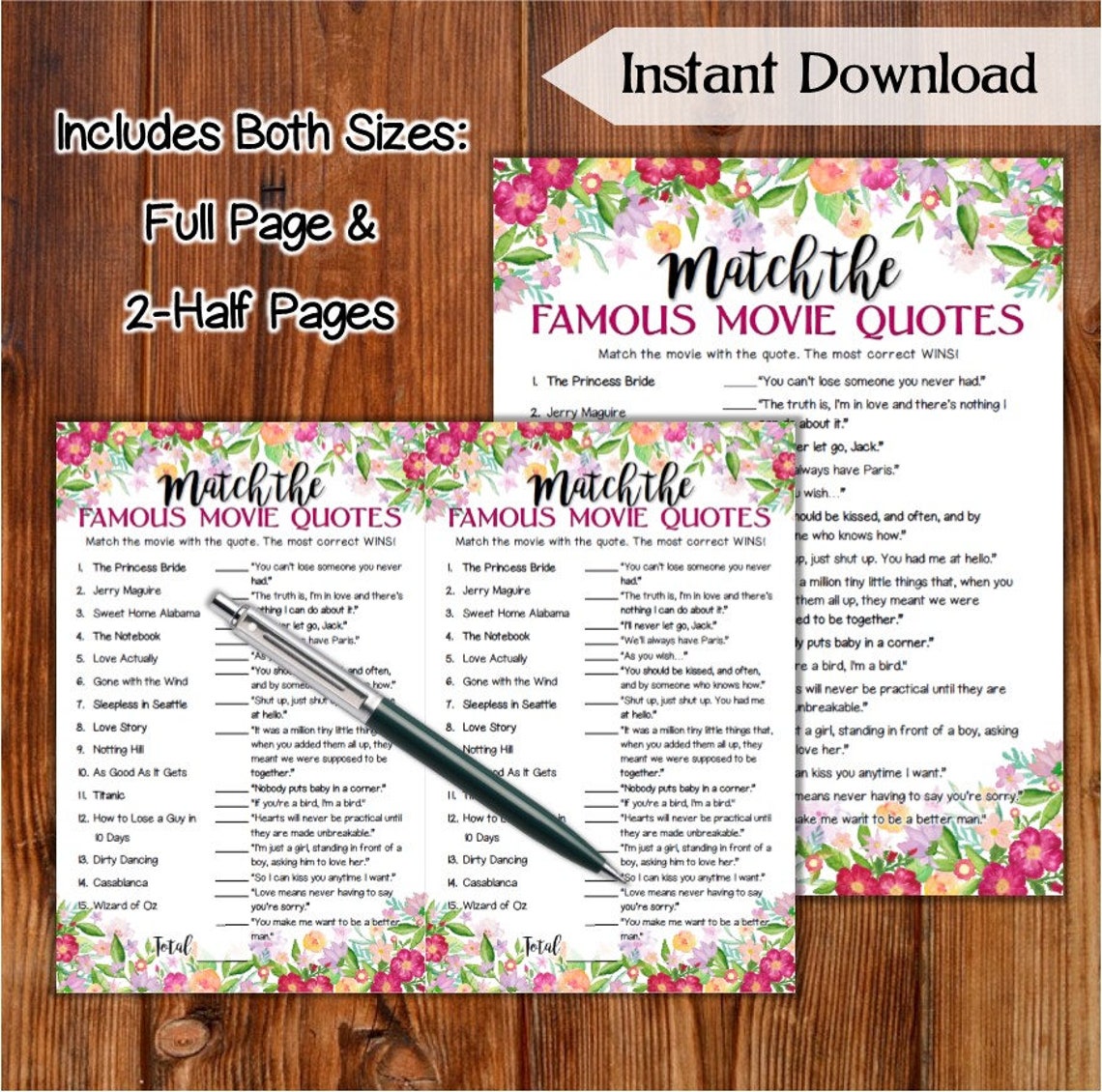 Famous Movie Quotes Match Game Bridal Shower Game / Flowers | Etsy