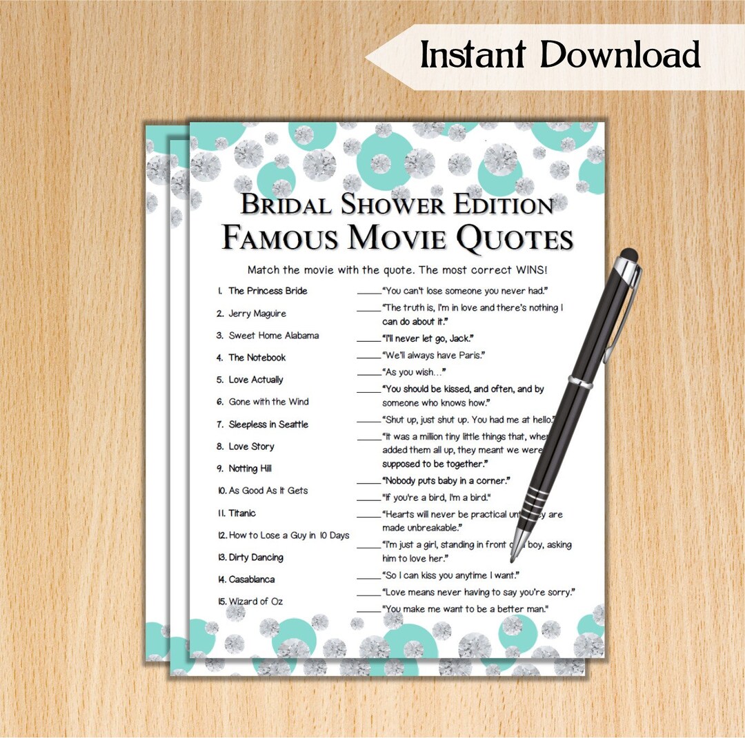 Famous Movie Quotes Match Game Bridal Shower Game / Turquoise ...