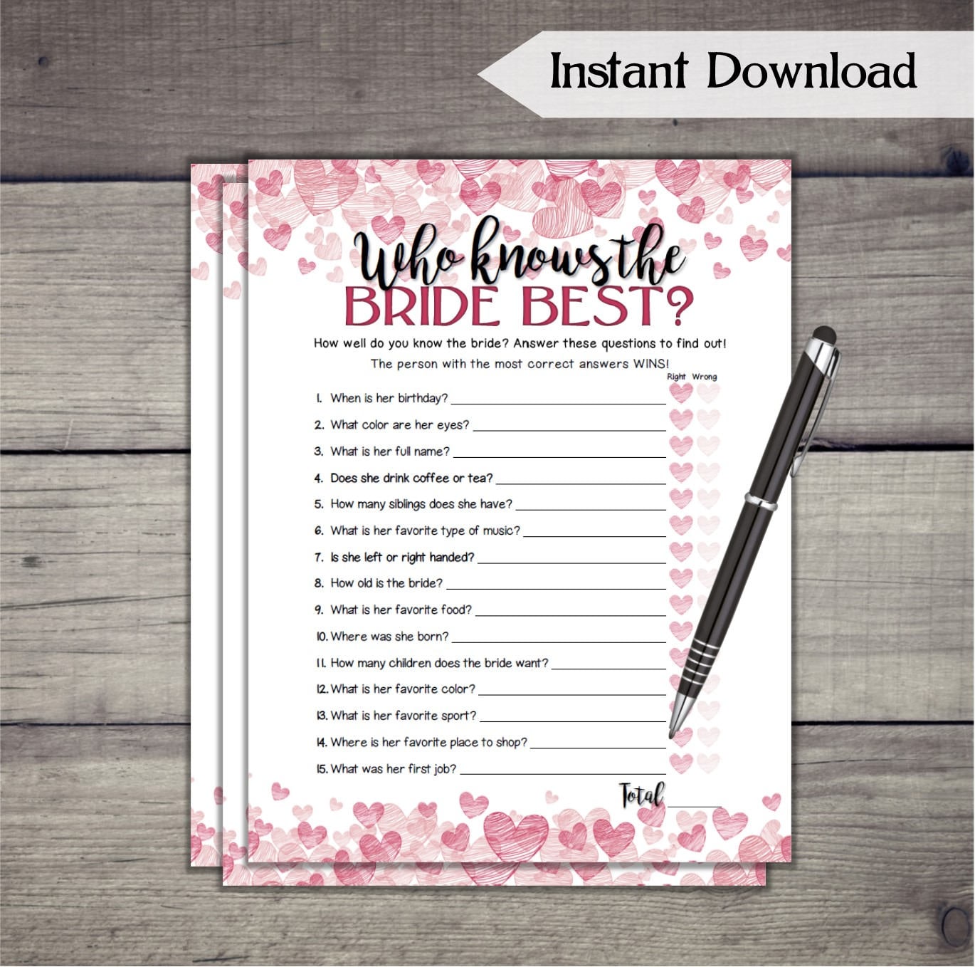Who Knows the Bride Best Bridal Shower Game / Hearts Printable | Etsy