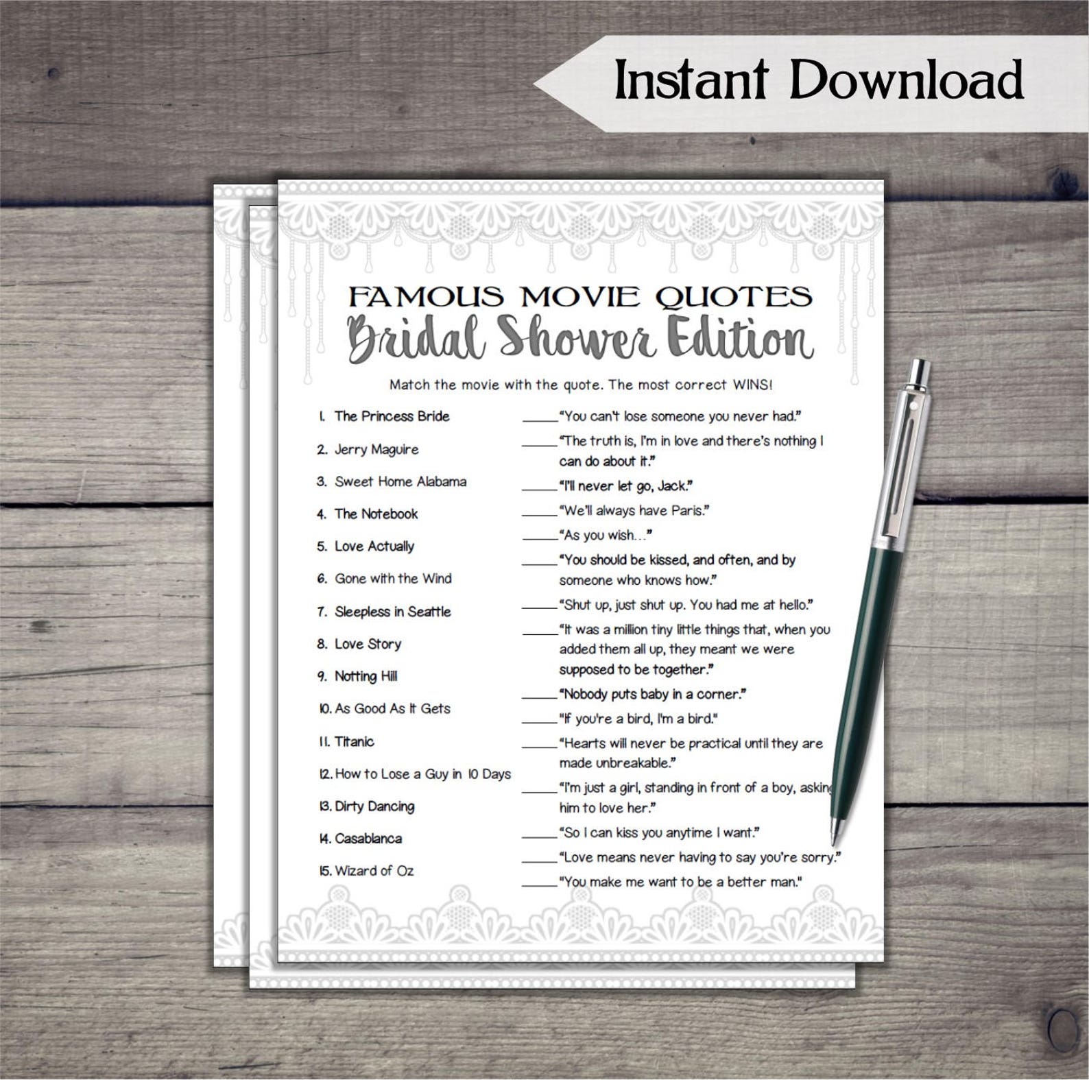 Famous Movie Quotes Match Game Bridal Shower Game / White Lace | Etsy